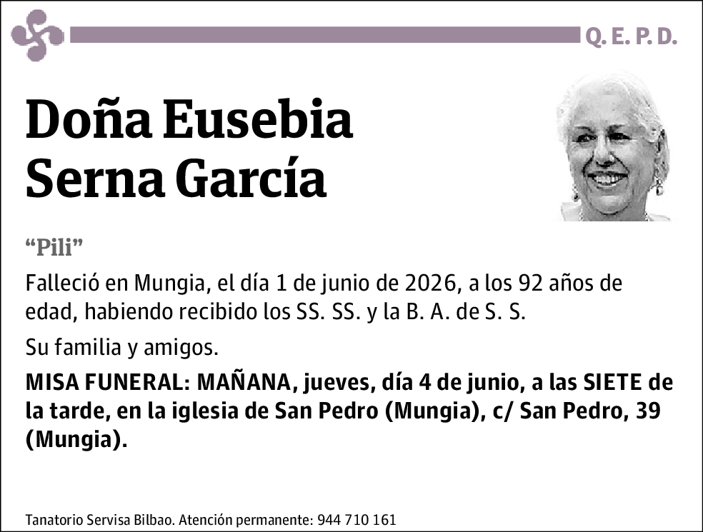Eusebia Serna García | Esquela | El Correo